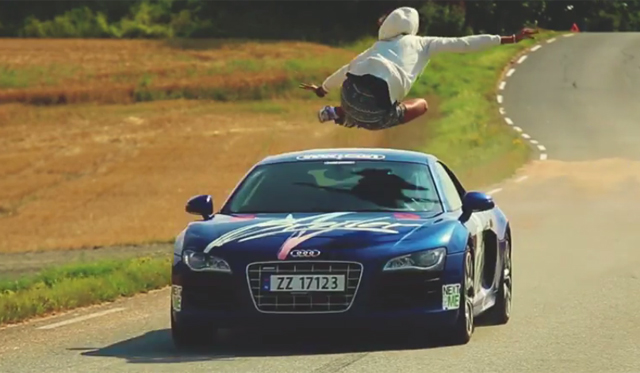 Crazy Guy Jumps over Speeding Audi R8 ! | Reckon Talk